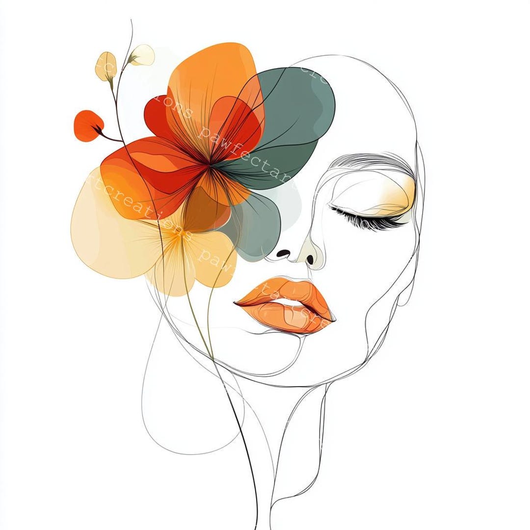 10 Floral Woman Face Clipart, Colorful Abstract, Delicate Line Art ...