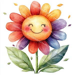 Smiling Flowers Clipart: Watercolor Style, Commercial Use (jpgs ...