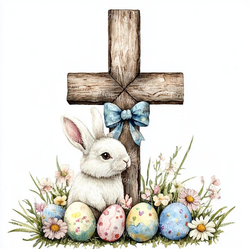 Easter Cross Bunny Clipart: Watercolor Floral Jpgs (digital Download ...