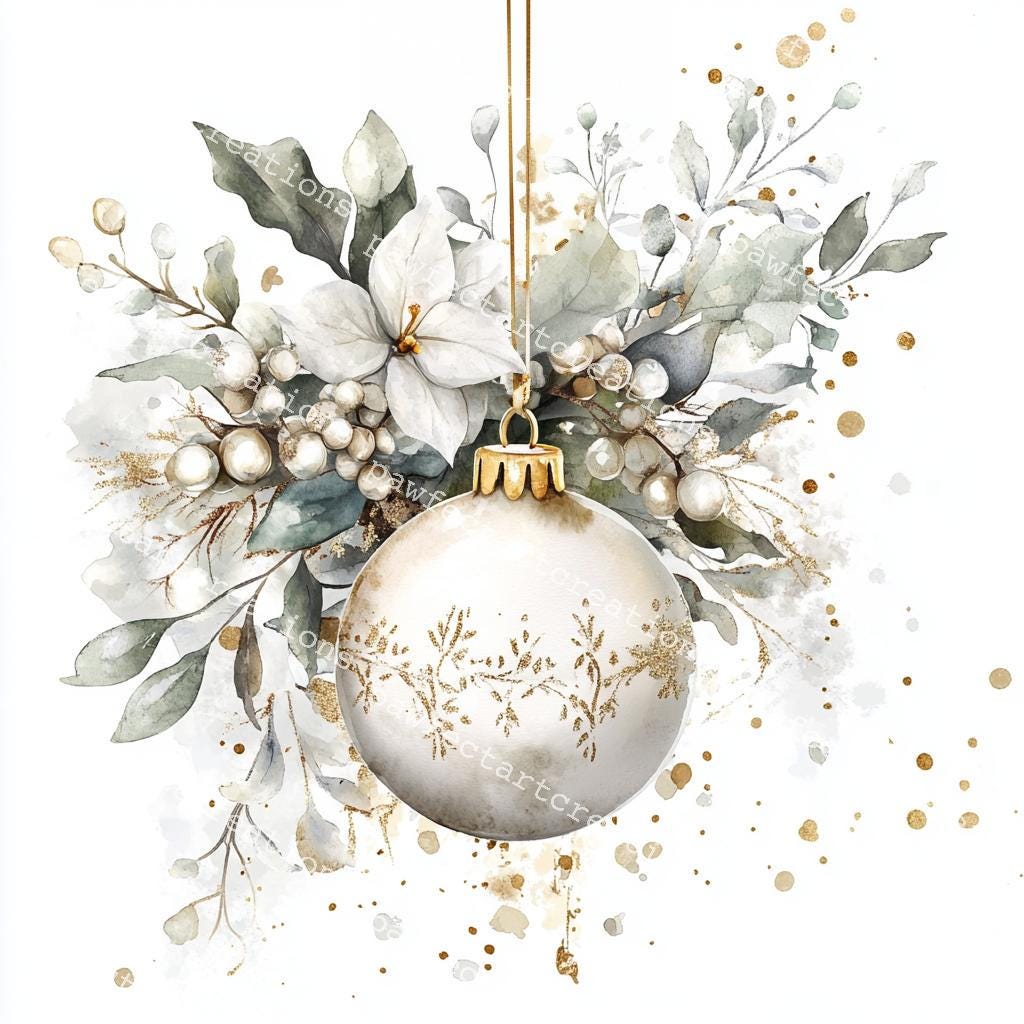 15 Elegant Christmas Baubles Clipart, Christmas Card,white Gold Xmas ...