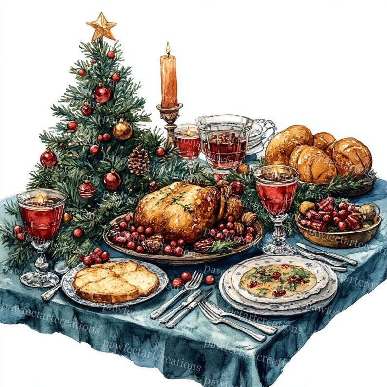 Christmas Dinner Clipart: Holiday Food Illustrations (JPG Digital ...