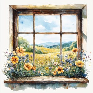 Flower Meadow View Through Window: Watercolor Art Print (digital ...