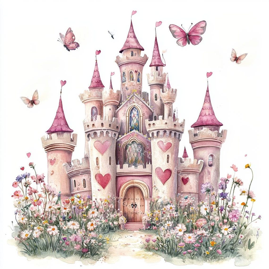 Pink Fairy Tale Castle Clipart: Watercolor Style (JPG & PNG Digital ...