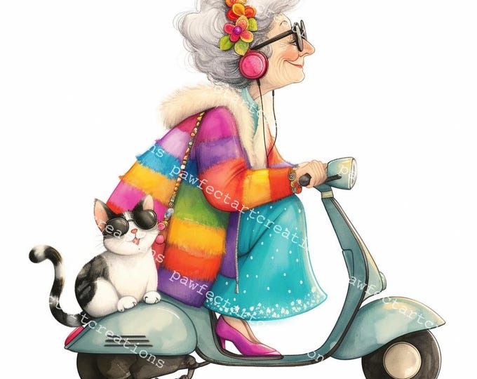 15 Quirky Granny on Scooter Clipart, Retirement Life, Funny Grandma ...