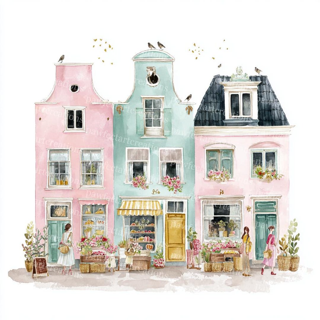 20 Pastel European Townhouses Clipart, City Street Scene, City ...