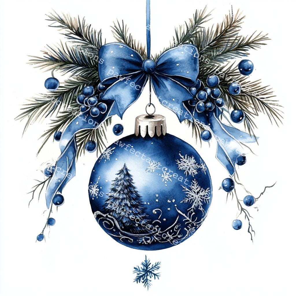 Blue Christmas Bauble Clipart: Watercolor Holiday Ornaments (digital ...