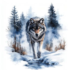 12 Wolf in Winter Clipart, Wolf in Snowy Landscape, Printable ...