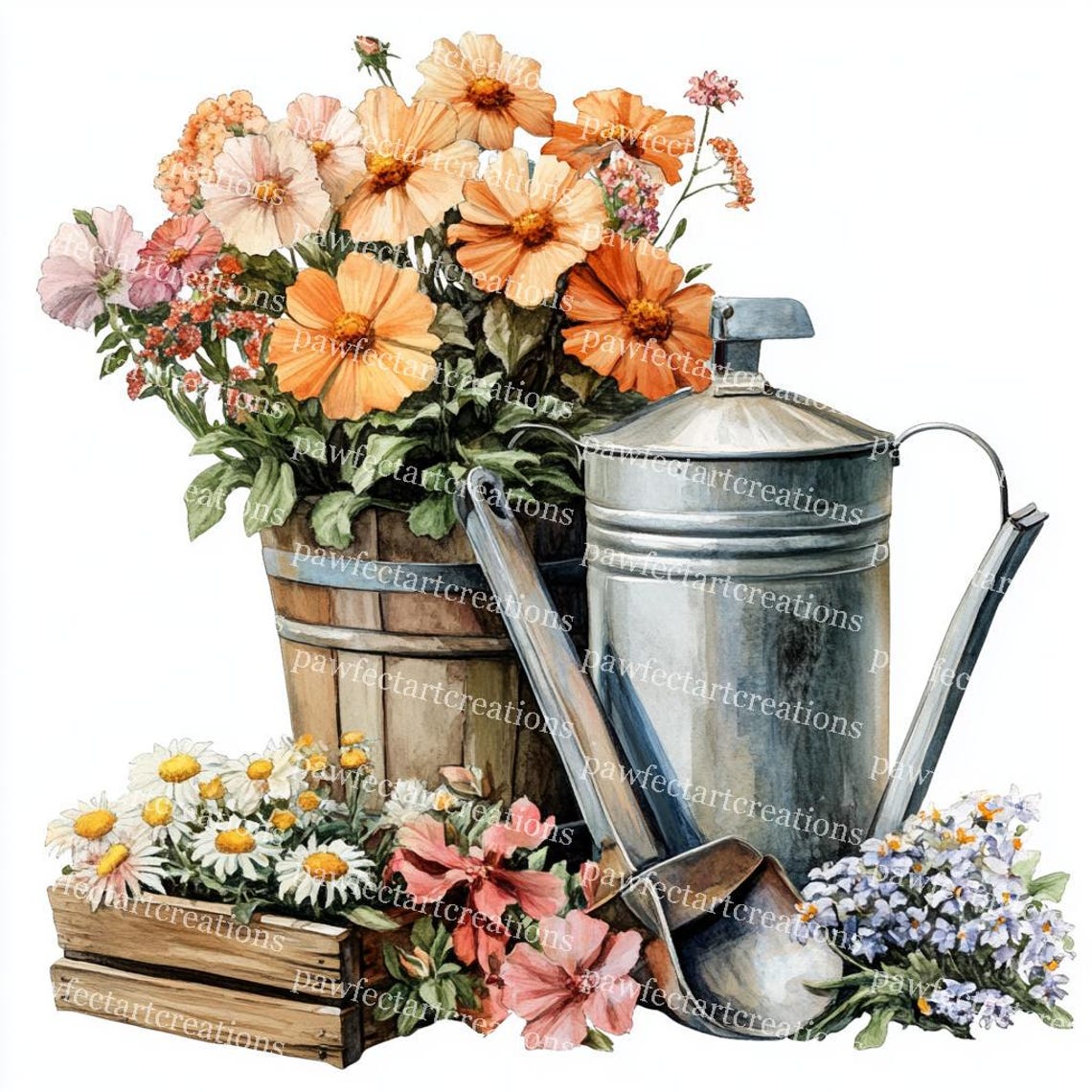 Vintage Gardening Tools Watercolor Clipart: Spring Garden Art (digital ...