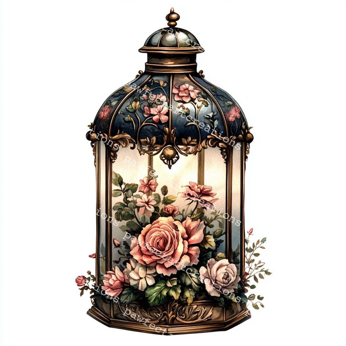 15 Antique Cottagecore Lantern Clipart: Watercolor Floral Design ...