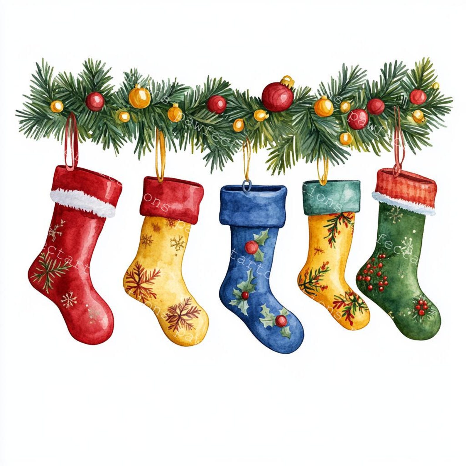 Watercolor Christmas Stockings Clipart: Holiday Card & Garland (digital ...