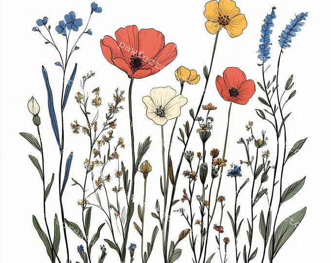 20 Sketched Colored Wildflowers Clipart, Doodle Hand Drawn Flower ...