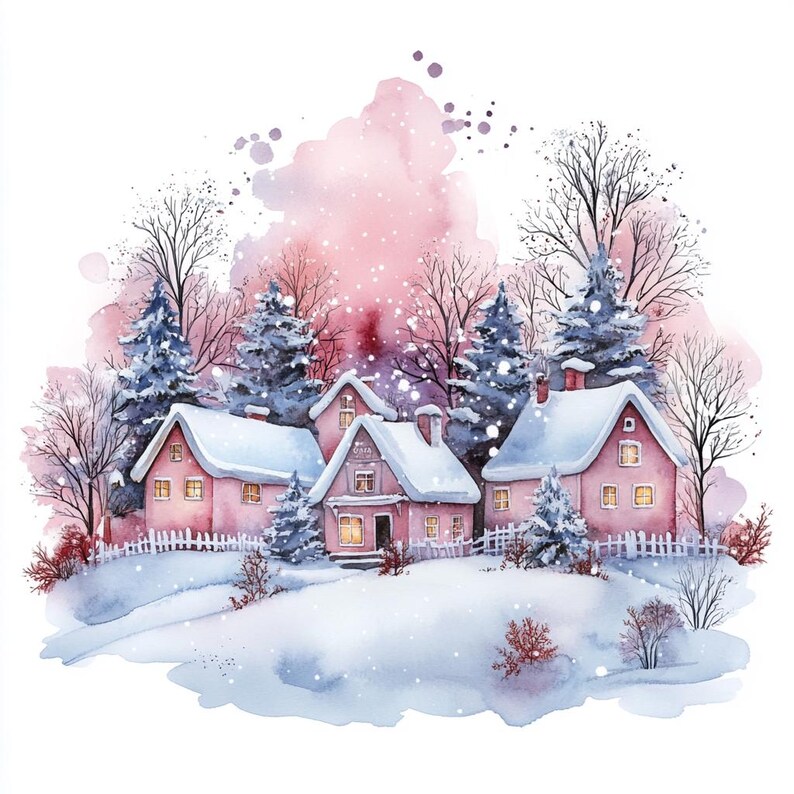 Christmas Village Clipart: Watercolor Winter Houses (JPG Digital ...