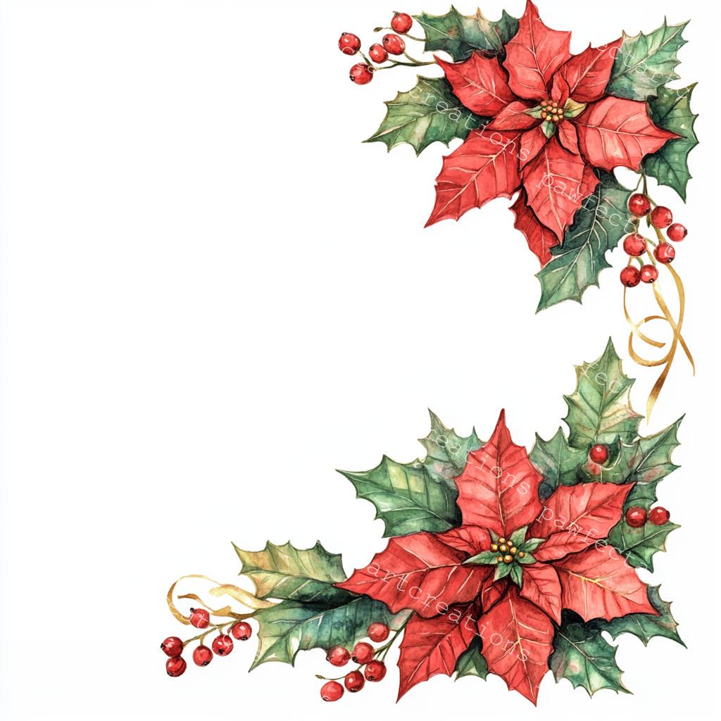 Poinsettia Border Clipart: Watercolor Christmas Card Design (digital ...