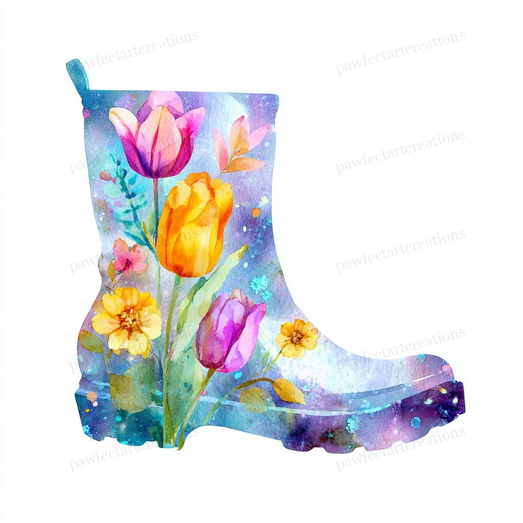 20 Spring Rain Boots Clipart, Watercolor Rain Boot Bundle, Floral ...