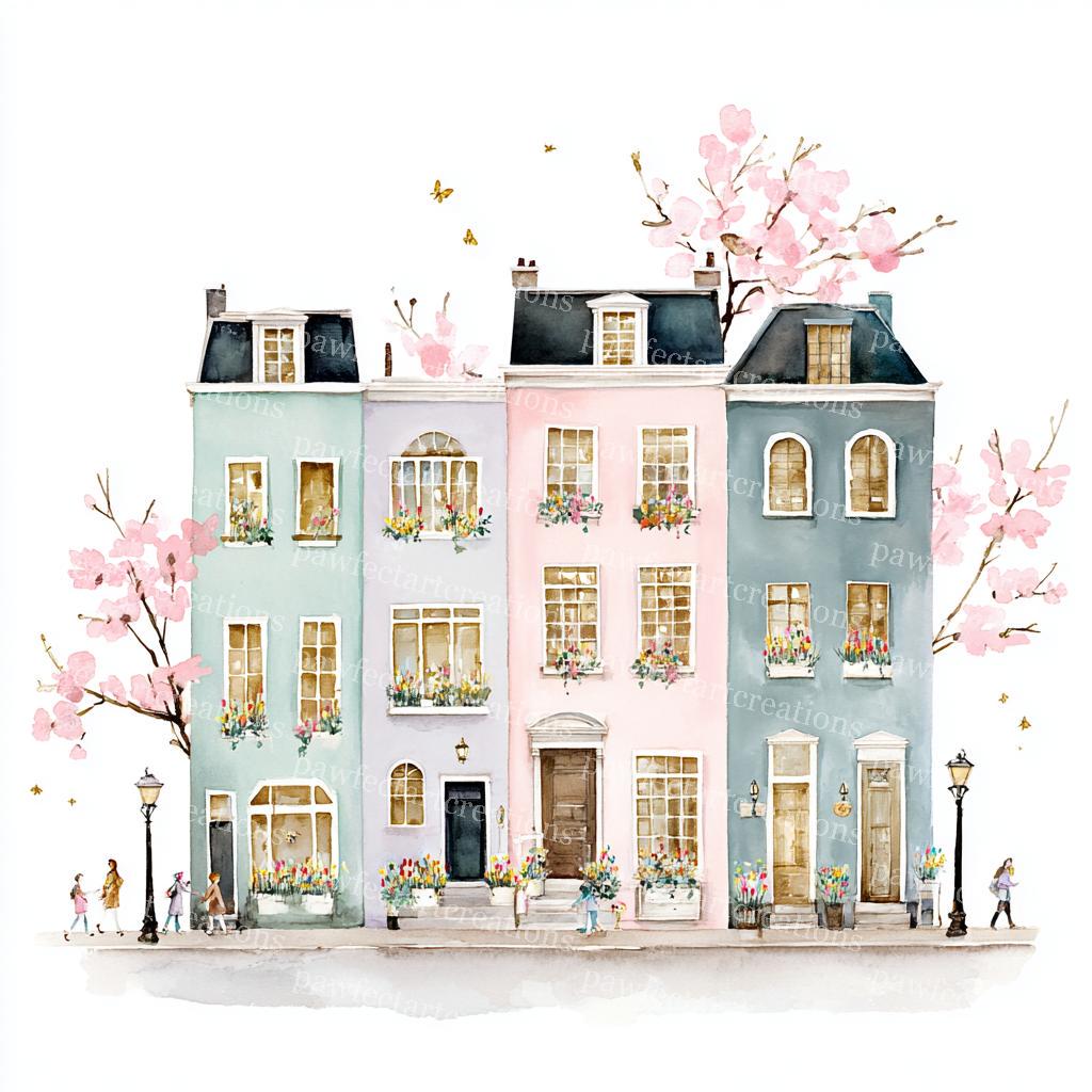 20 Pastel European Townhouses Clipart, City Street Scene, City ...