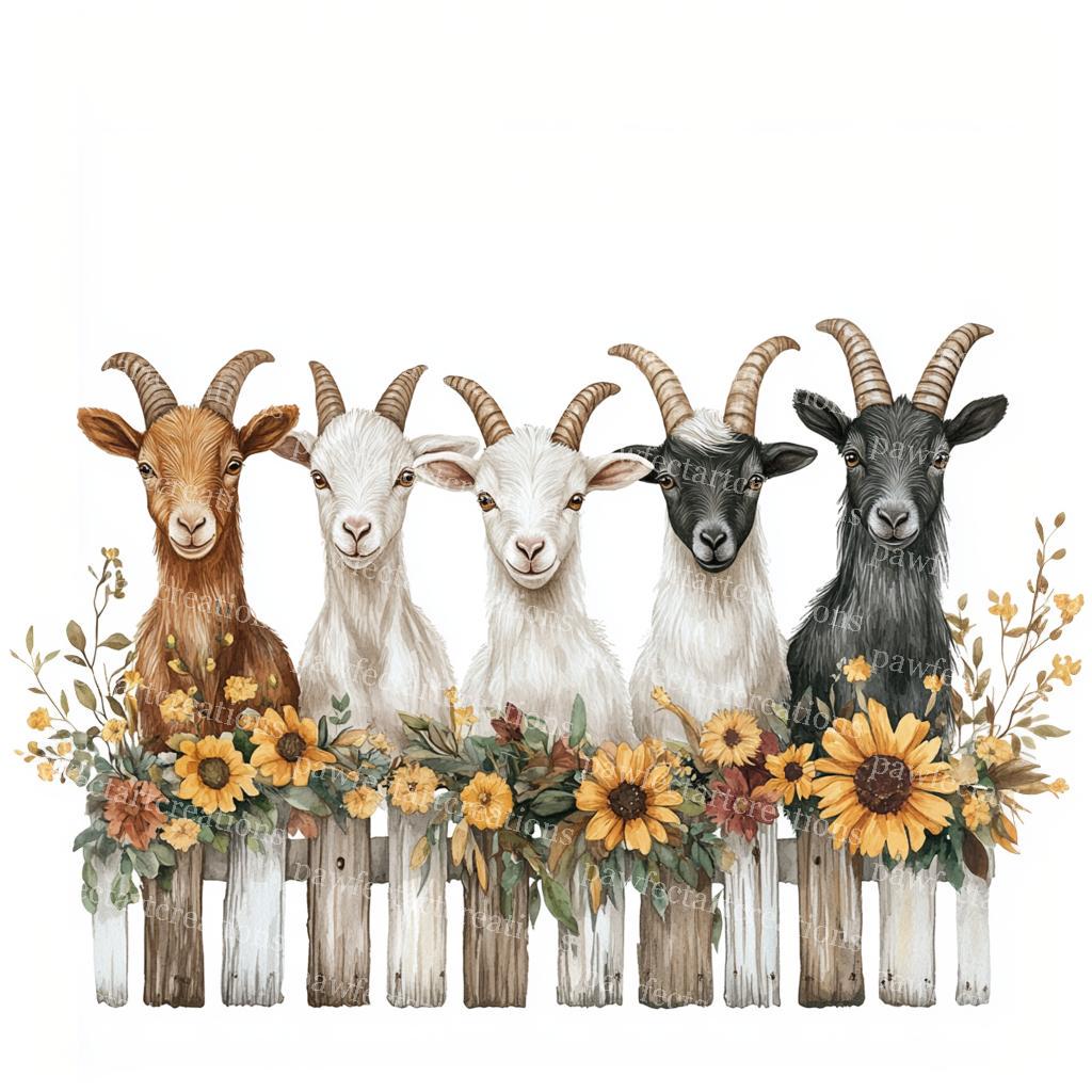12 Cute Goats on Fence Clipart, Floral Goat, Farm Animal, Printable ...