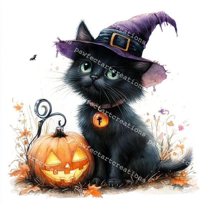 10 Halloween Black Cat Clipart, Cute Cat, Halloween Pumpkin, Printable ...