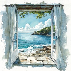Seaside View Watercolor Print: Ocean Window Clipart (digital Download ...