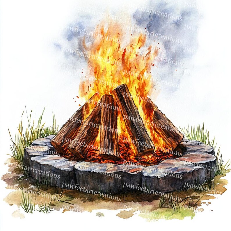 Bonfire Clipart: Watercolor Campfire, Firewood (digital Download) - Etsy