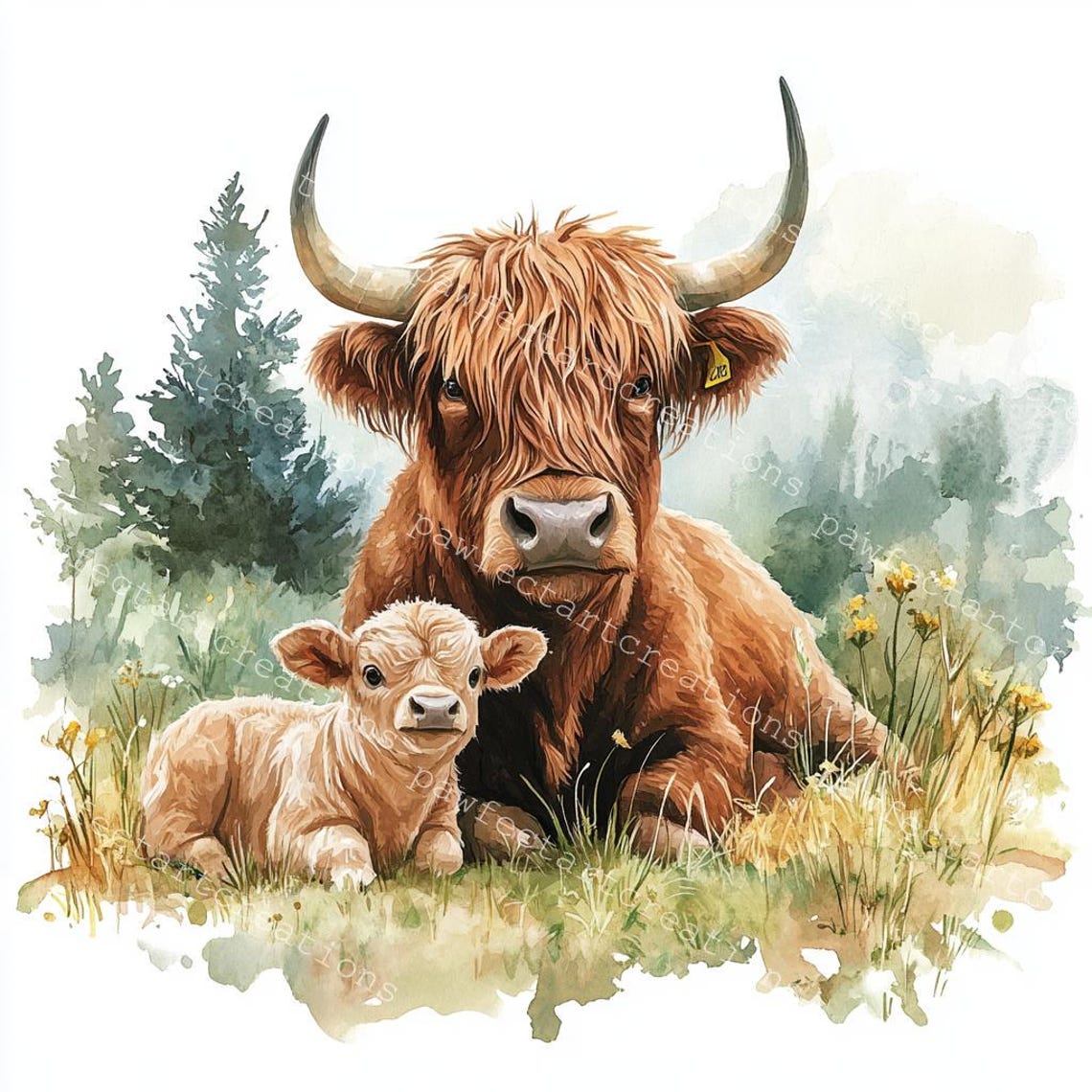 Highland Cow & Calf Watercolor Clipart: Farm Animal Jpgs (digital ...