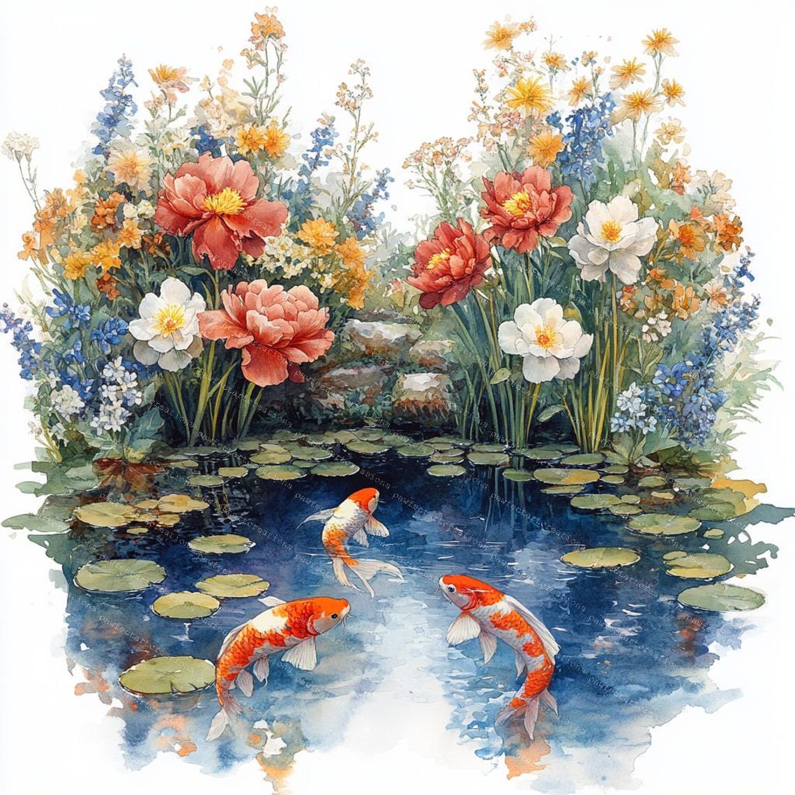 Floral Garden Pond Watercolor Clipart: High-resolution Jpgs (digital ...