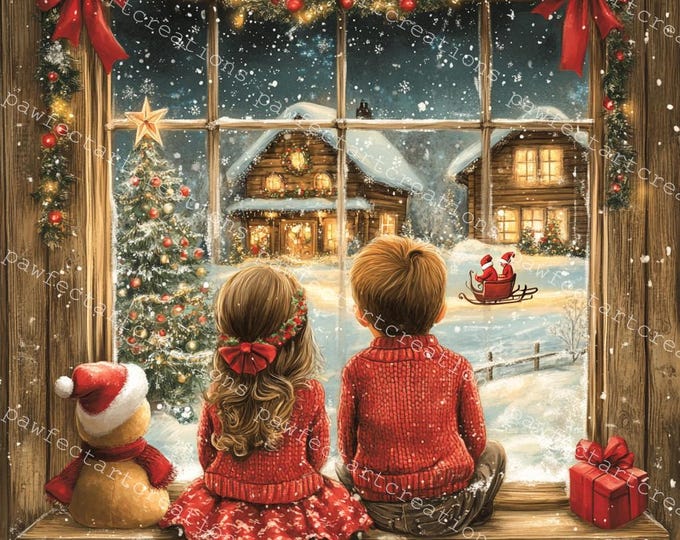 10 Christmas Window Scene Clipart: Watercolor Cozy Winter Village JPEG ...