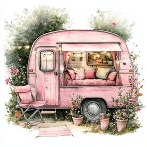 10 Pink Cozy Camping Trailer Clipart, Retro Camping Trailer, Printable ...