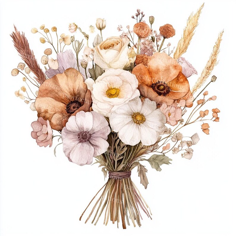 20 Boho Flower Bouquet Clipart: Watercolor Floral Art (digital Download ...