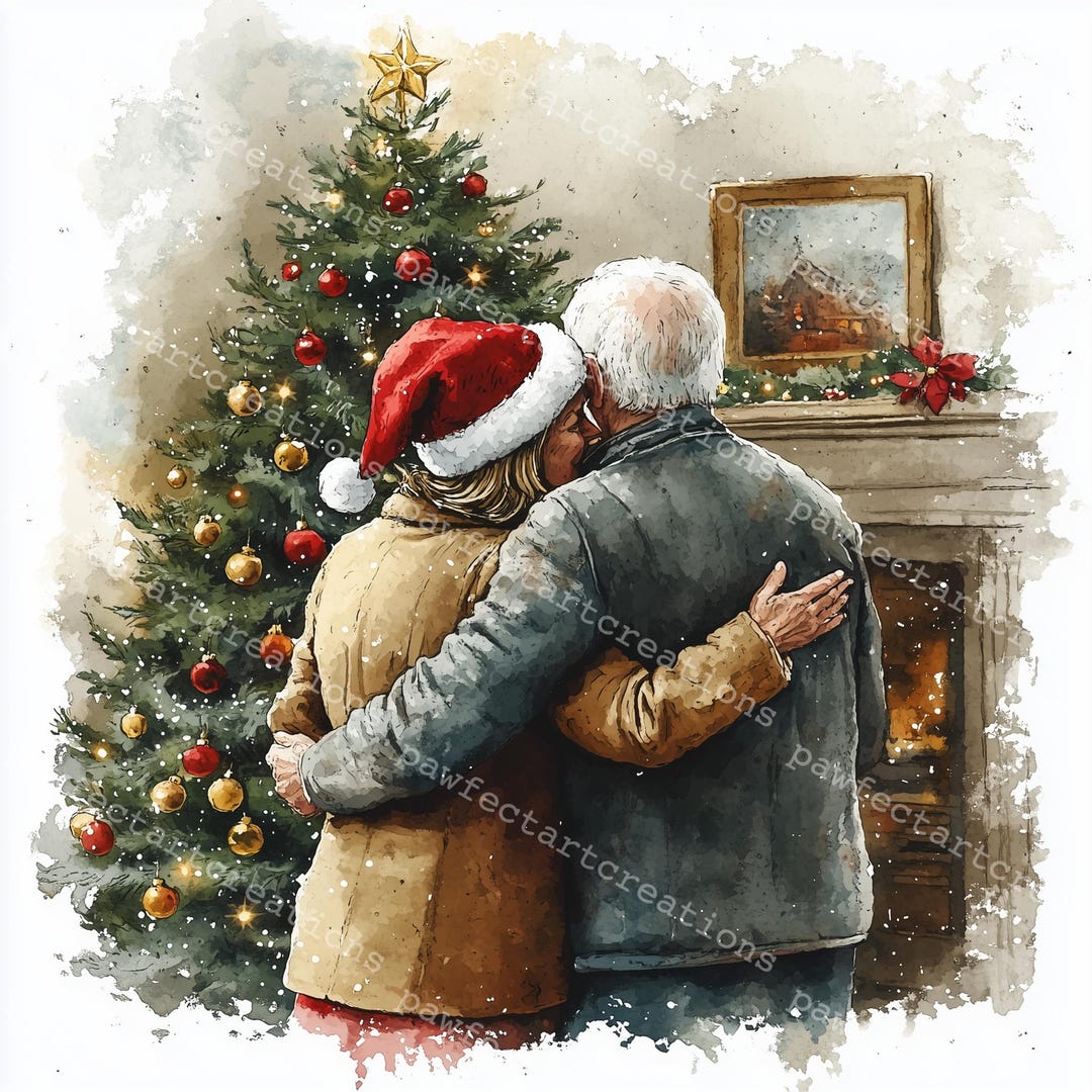 Christmas Couple Watercolor Clipart: Elderly Love, Winter Scene ...