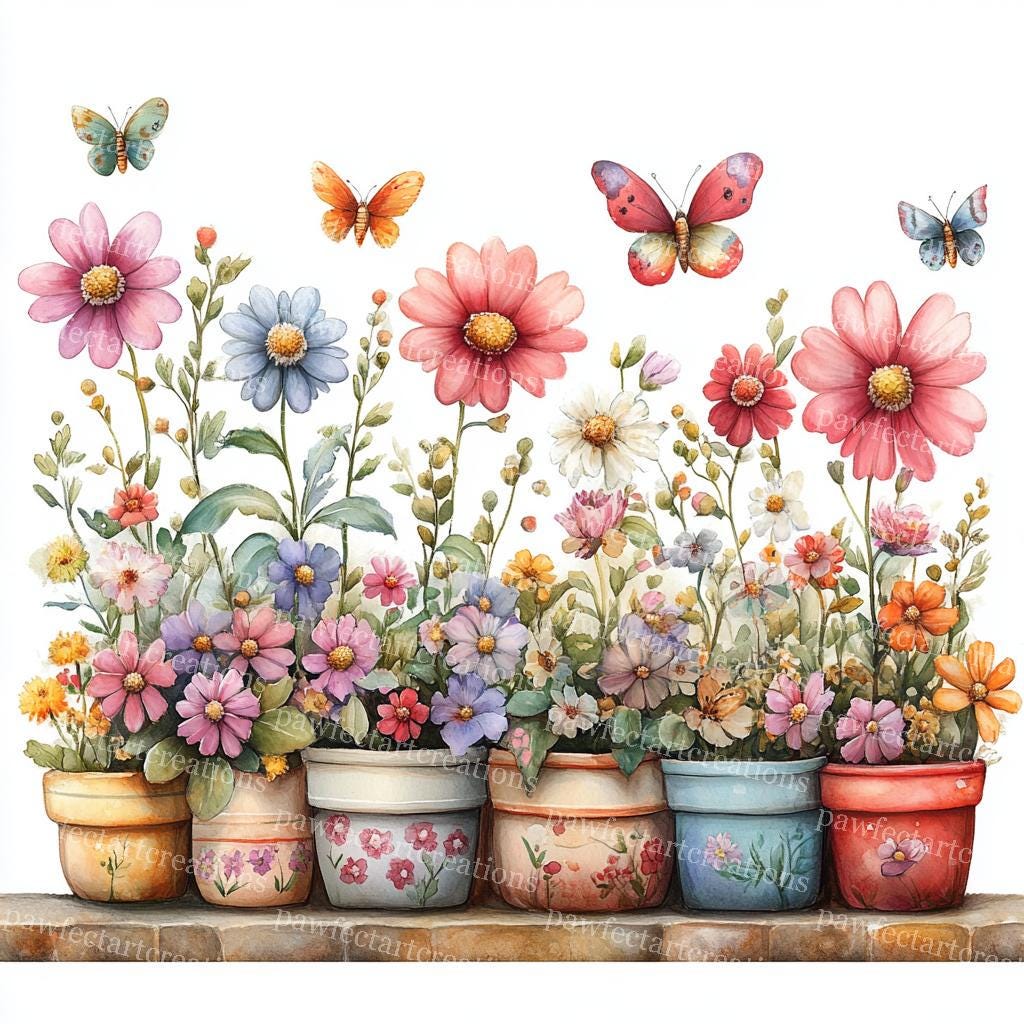 Watercolor Flower Clipart: Whimsical Floral Pots (digital Download) - Etsy
