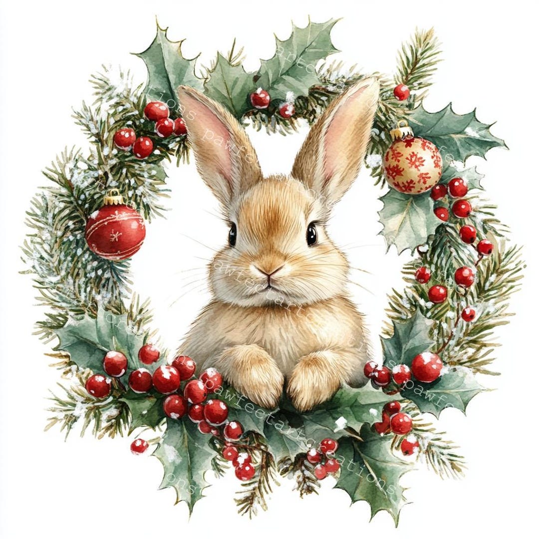 10 Bunny Christmas Wreath Clipart, Santa Bunny Clipart, Bunny Nursery ...
