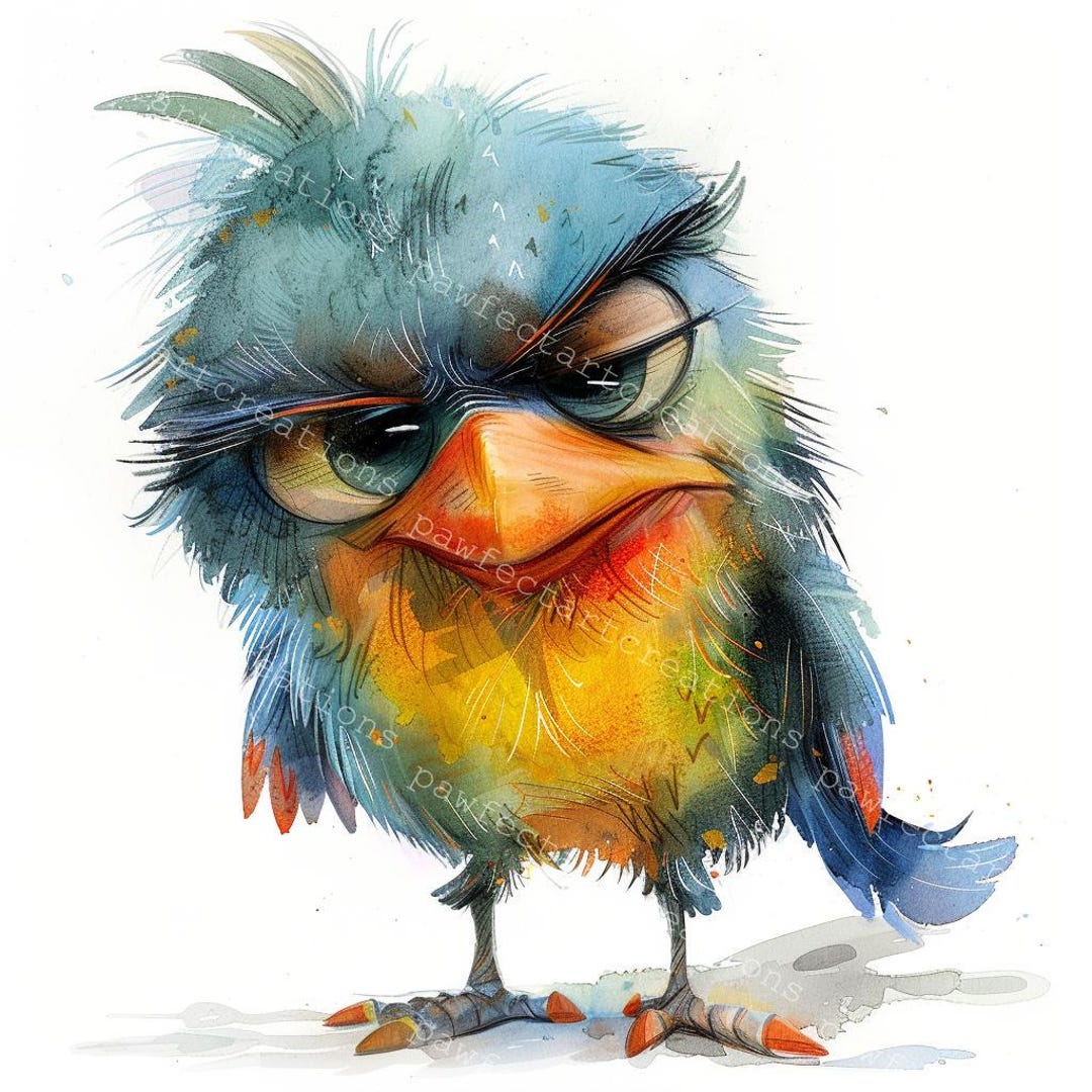 10 Grumpy Birds Clipart, Cute Fluffy Birds, Printable Watercolor, High ...
