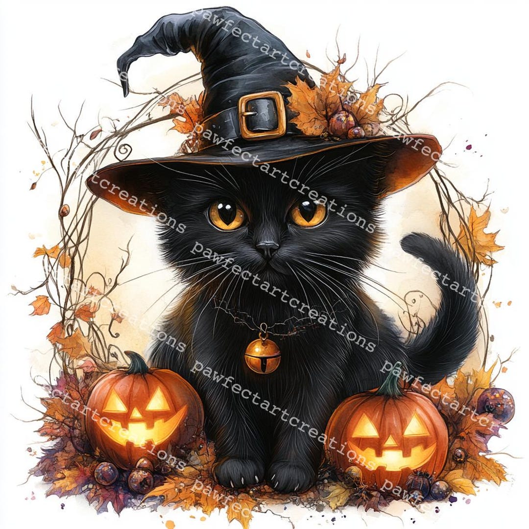 10 Halloween Black Cat Clipart, Cute Cat, Halloween Pumpkin, Printable ...