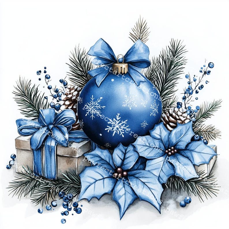 Blue Christmas Bauble Clipart: Watercolor Holiday Ornaments (digital ...