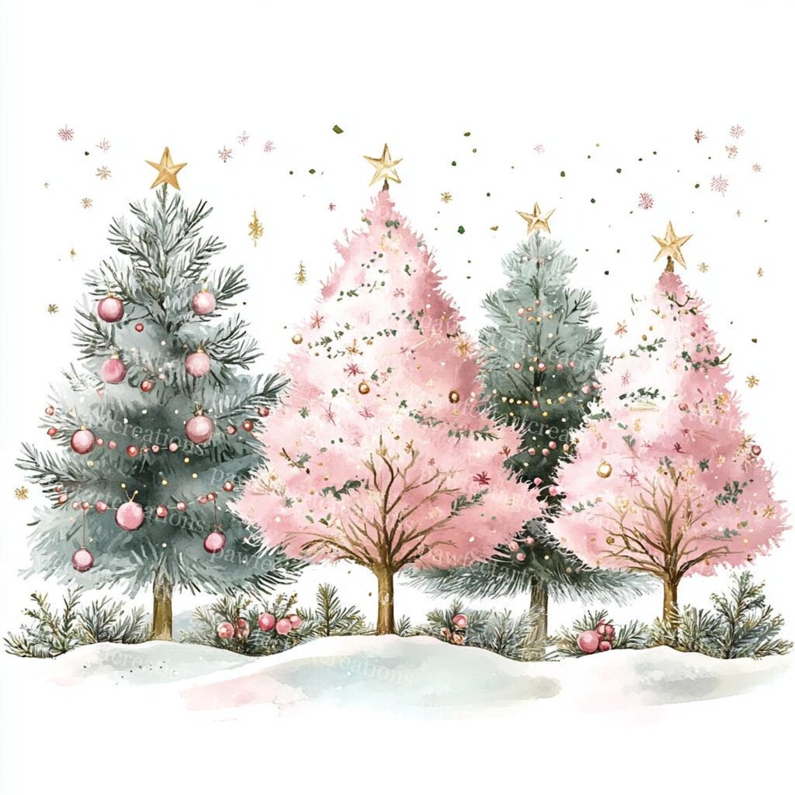 16 Pink Christmas Trees Clipart,winter Festive, Christmas Card ...