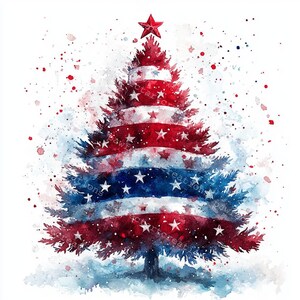 10 Patriotic Christmas Tree Clipart, USA Flag, Printable Watercolor ...