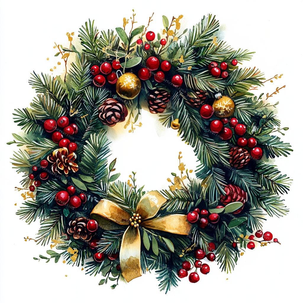 Watercolor Christmas Wreath Clipart: Holiday Papercraft (digital ...