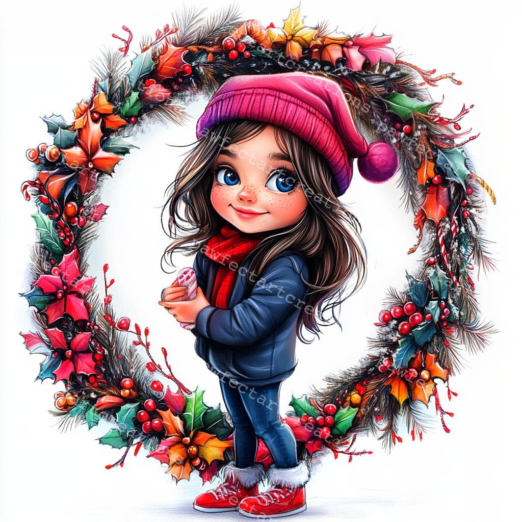Christmas Girl Clipart: Watercolor Wreath, Holiday Card Art (JPG) - Etsy