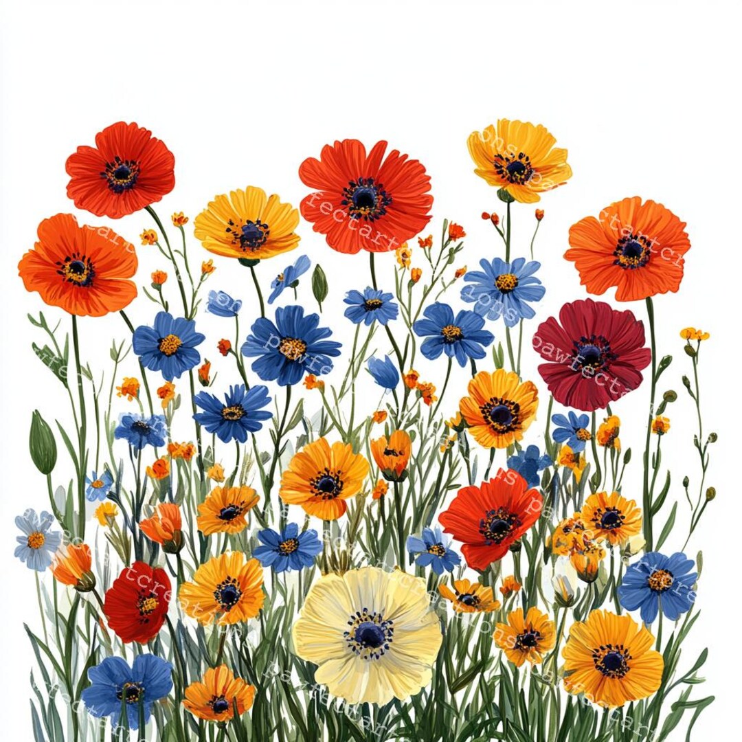 10 Vibrant Wildflowers Clipart, Flower Print, Botanical Flowers ...
