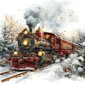 Vintage Christmas Train Clipart: Watercolor Locomotive Art (digital ...