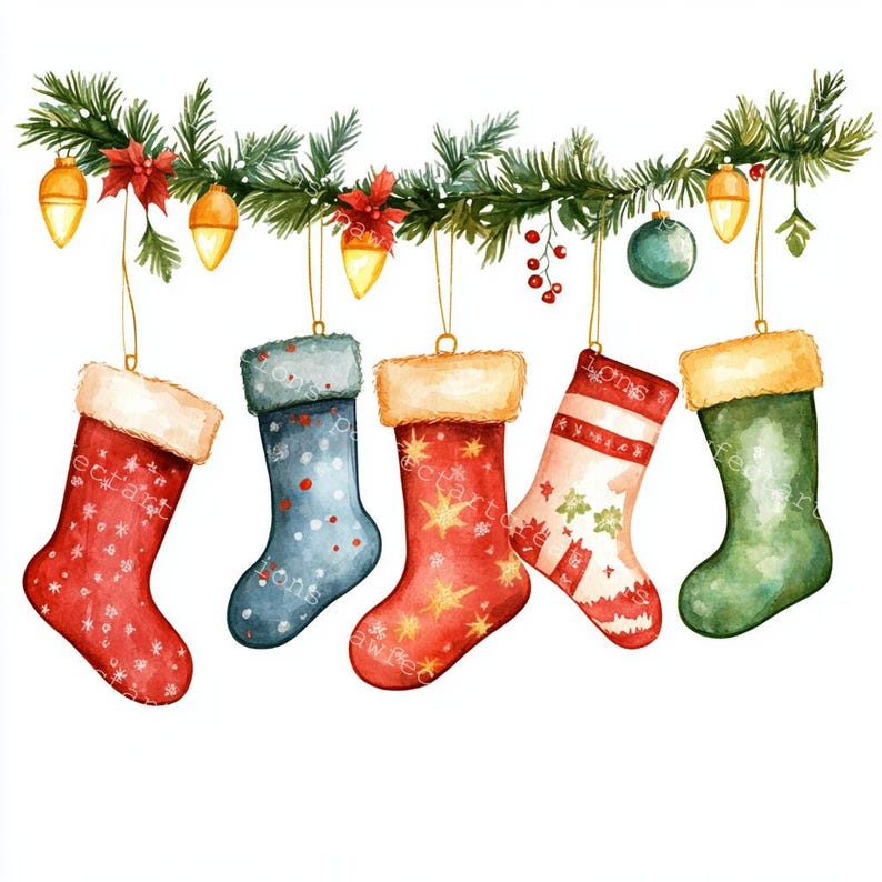 Watercolor Christmas Stockings Clipart: Holiday Card & Garland (digital ...
