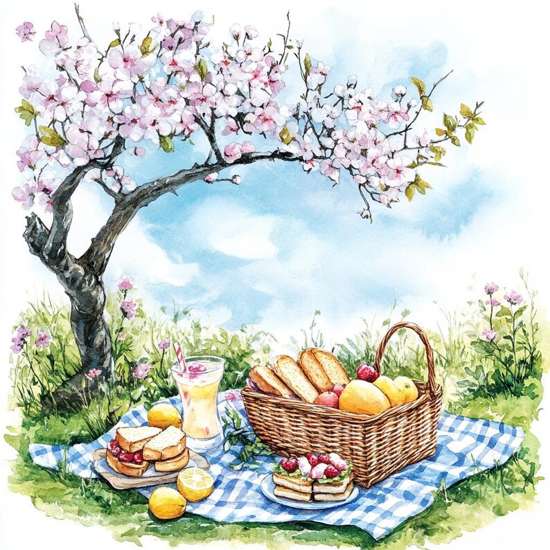 12 Spring Picnic Clipart: Watercolor Basket, Park Scene (digital ...