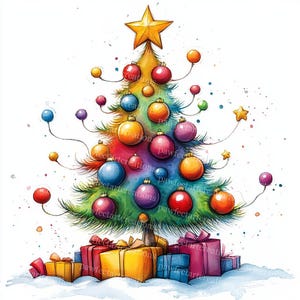 14 Whimsical Christmas Tree Clipart, Christmas Card, Printable ...