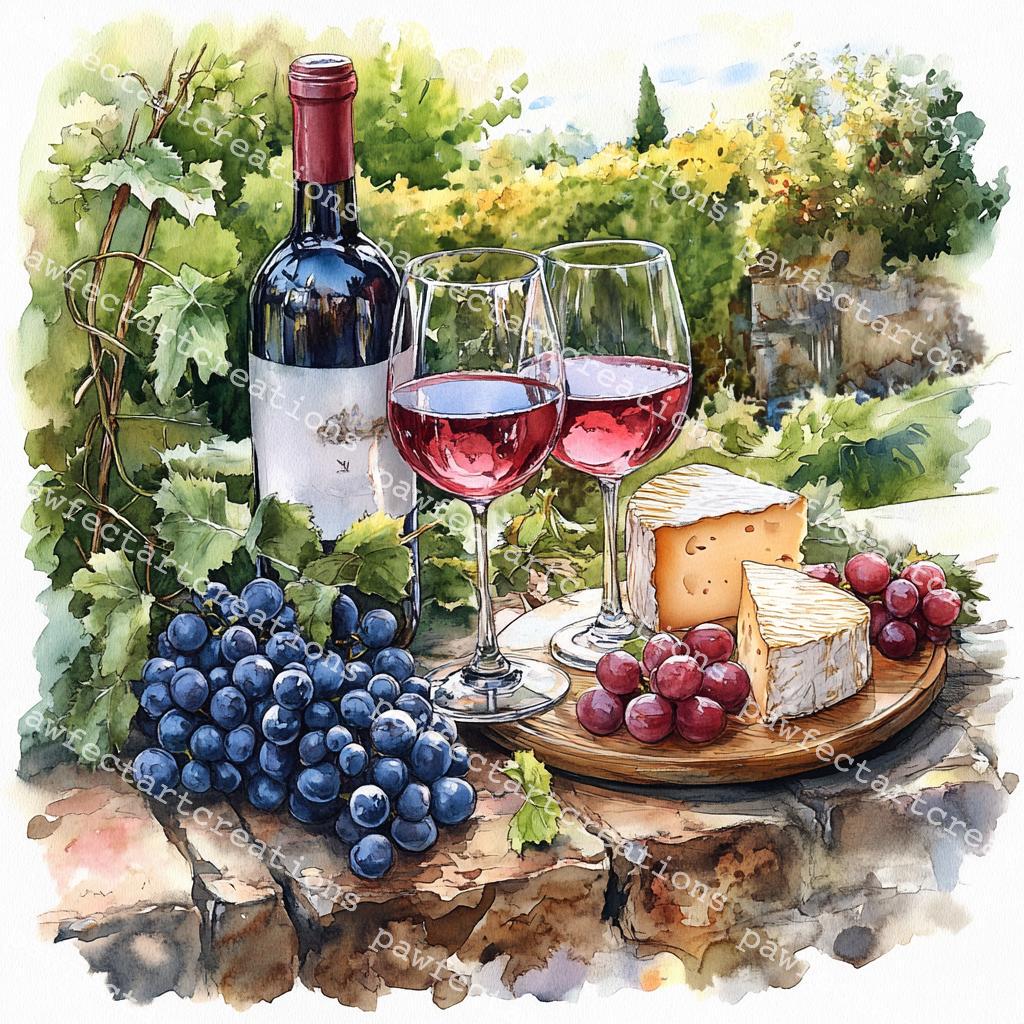 12 Wine and Cheese Clipart, Wine Glass Clipart, Printable Watercolor ...