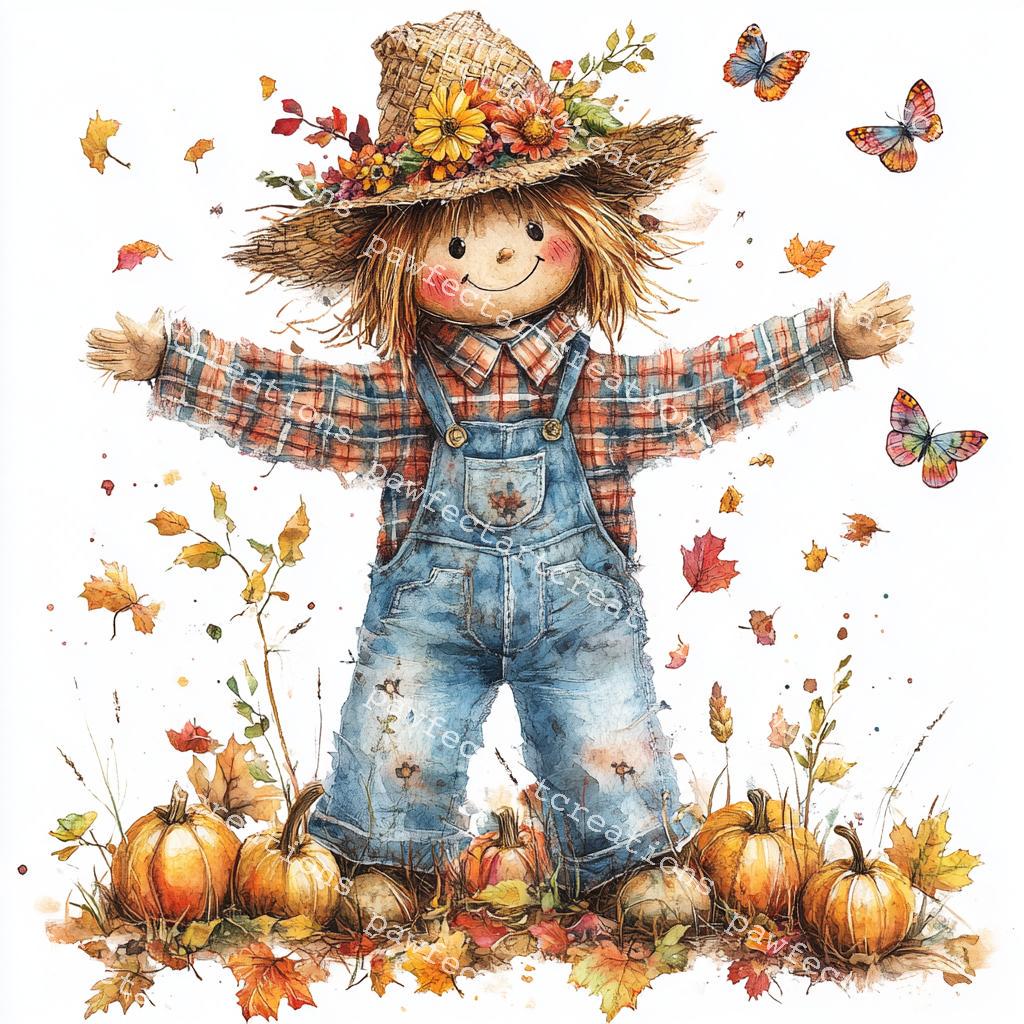 12 Autumn Scarecrow Clipart: Watercolor Fall Harvest, Junk Journal ...