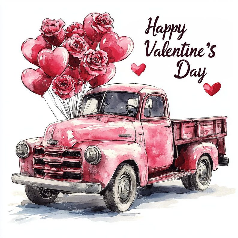 14 Valentine's Day Truck Clipart, Pink Vintage Truck, Valentine ...