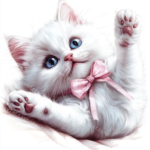 White Cat Clipart: Watercolor Kitten With Pink Bow (JPG Digital ...