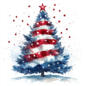 Patriotic Christmas Tree Clipart: USA Flag Watercolor (digital Download ...
