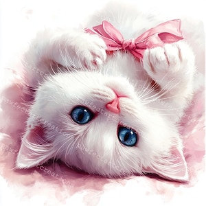 White Cat Clipart: Watercolor Kitten With Pink Bow (JPG Digital ...