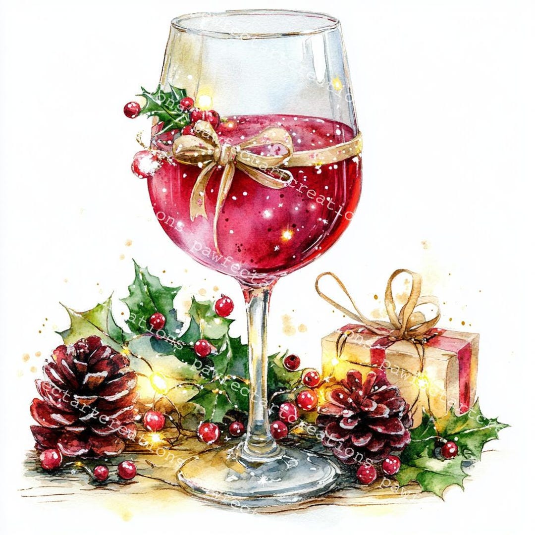18 Christmas Wine Clipart, Wine Glass Art, Holiday Wine Glass, Festive ...